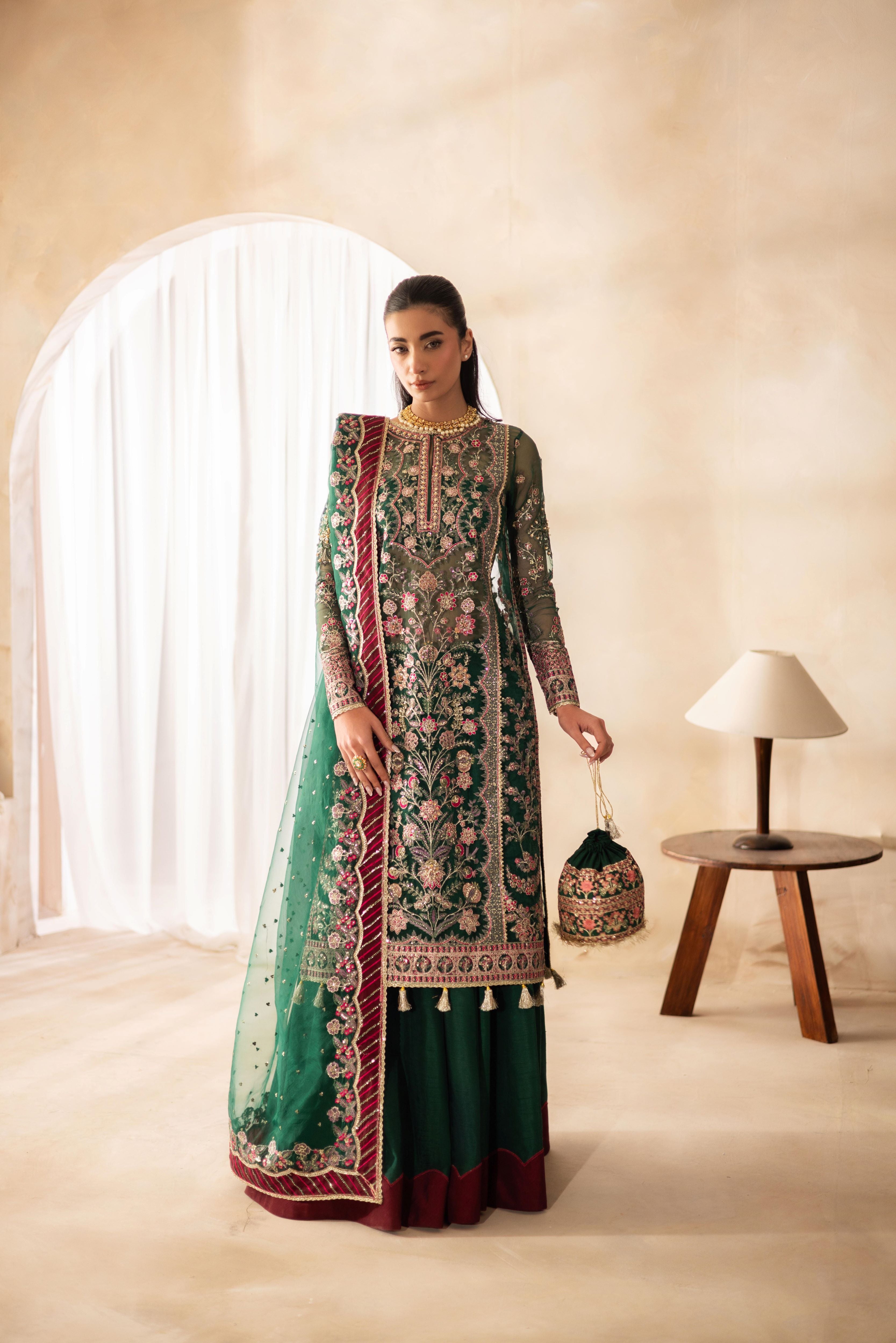Naghma Royal Green Pishwas - Embroidered Organza & Silk