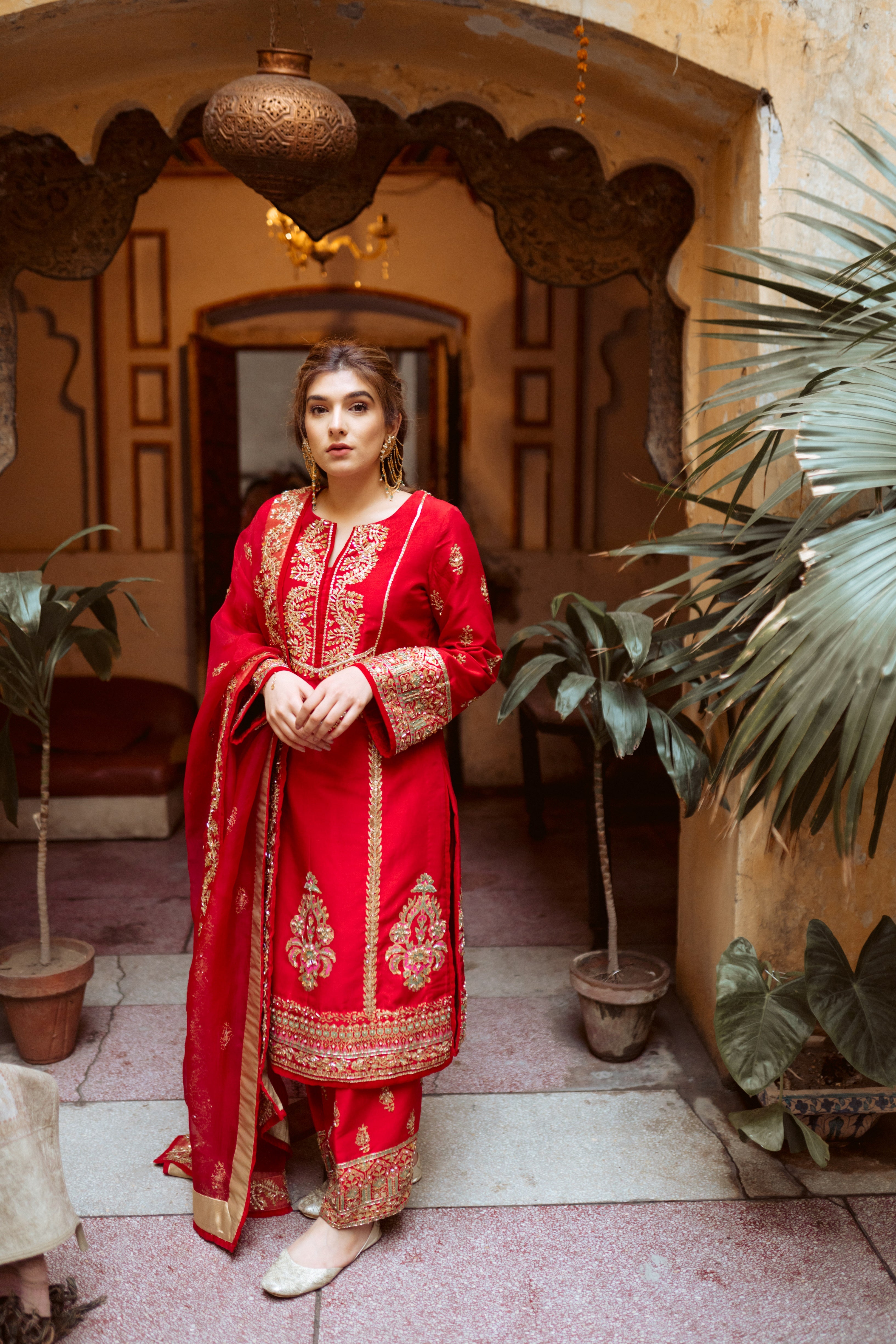 Mahrosh Crimson Red Ensemble | Luxury Block Print & Embroidery